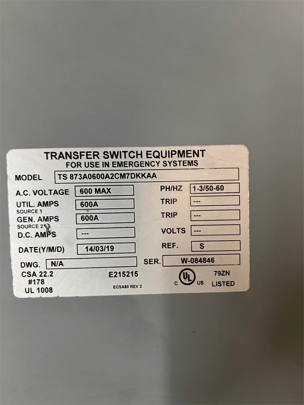 Marathon Thomson Power Manual 600amp 480V